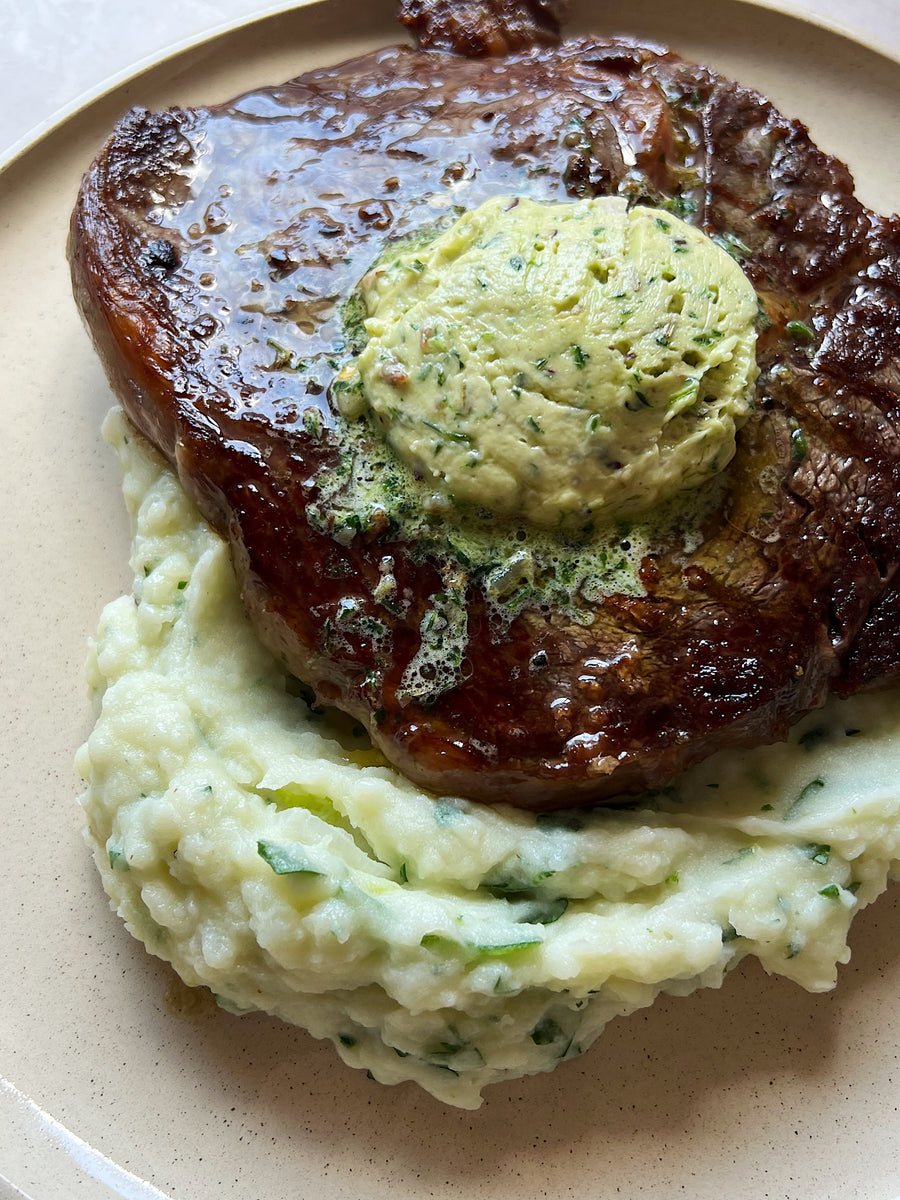 Scotch fillet with bone marrow butter potato mash – Australian Meat ...