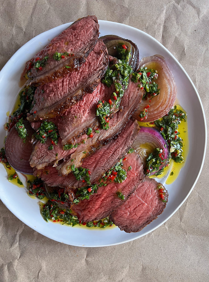 Roasted Beef Rump Cap and Onions with Basil Chimichurri – Australian ...